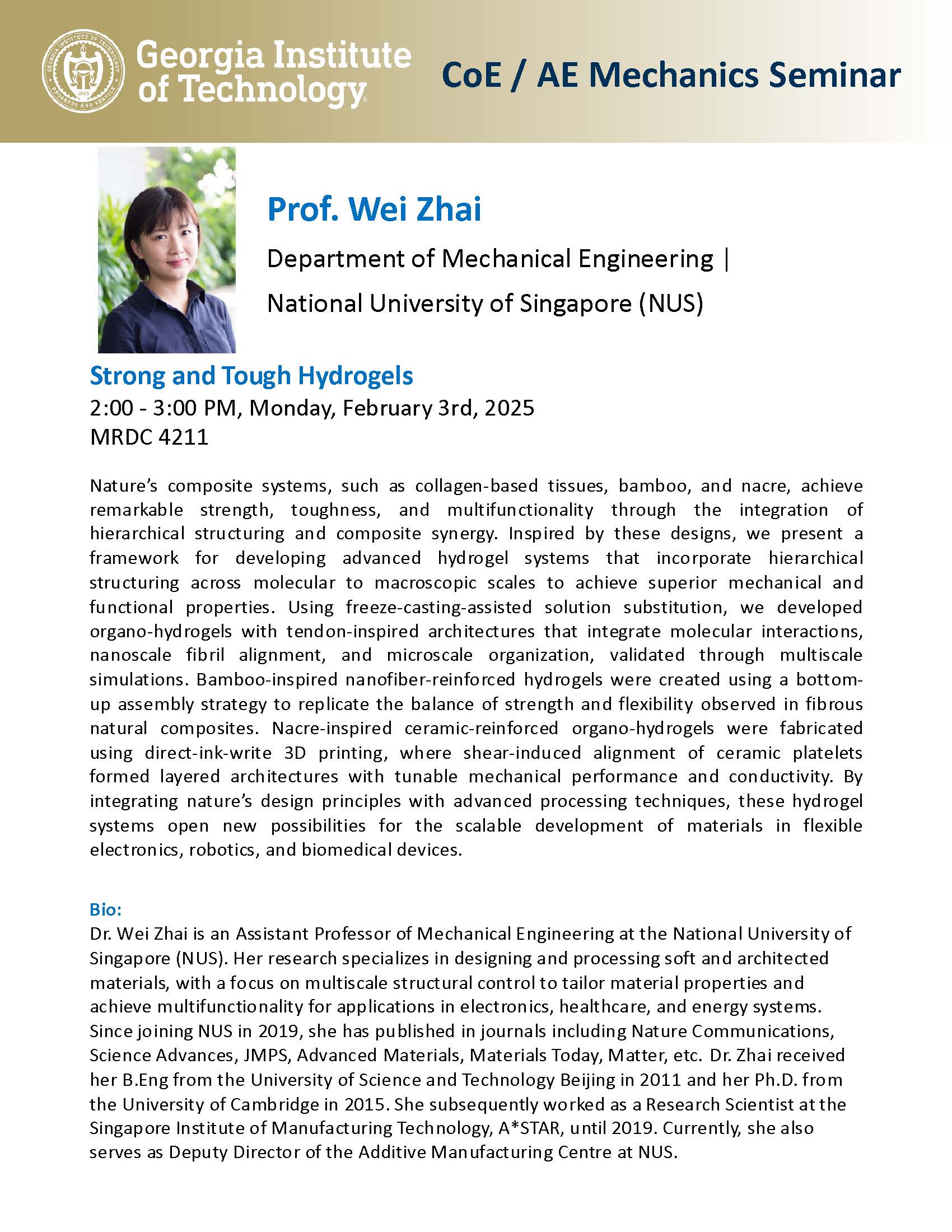 CoE/AE Mechanics Seminar: Professor Wei Zhai | Daniel Guggenheim School of Aerospace Engineering